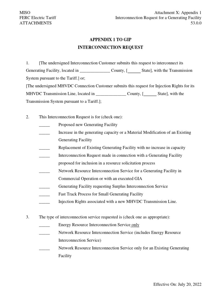 Attachment X-Appendix 1 - Interconnection Request For A Generating Facility | PDF | Electric ...