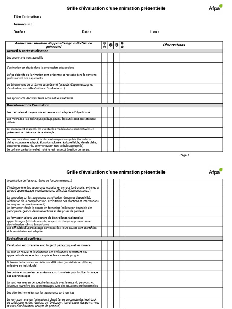 Grille d'évaluation d'animation présentielle | PDF | Pédagogie ...