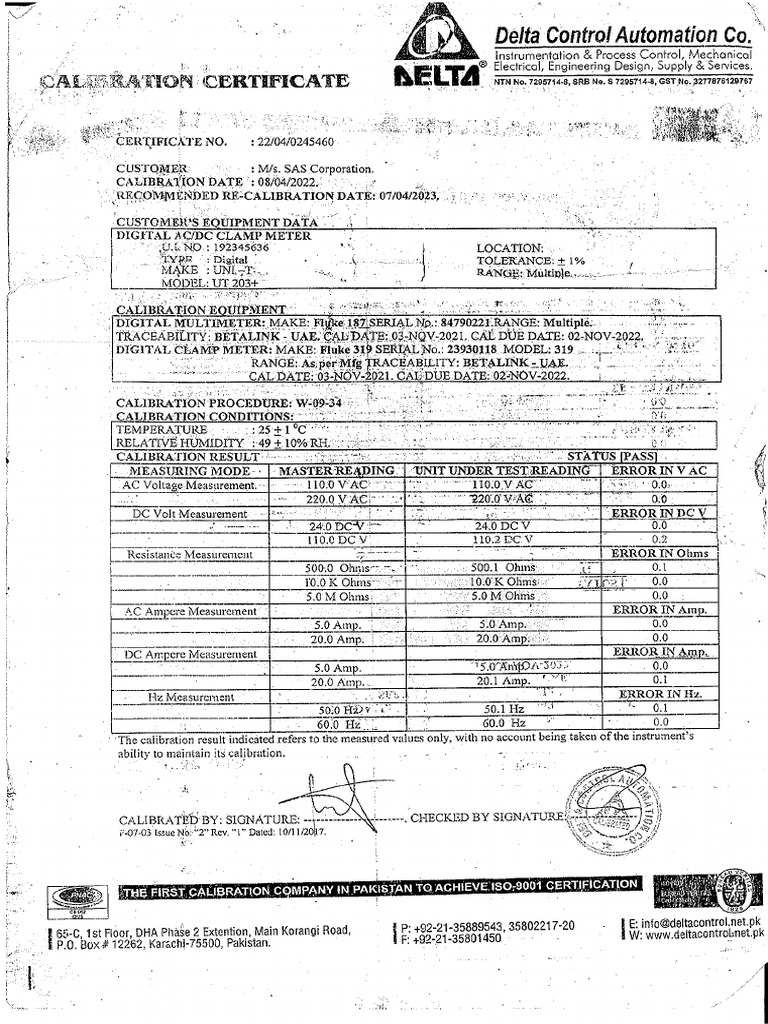 Clamp Meter Calibration Certificate | PDF