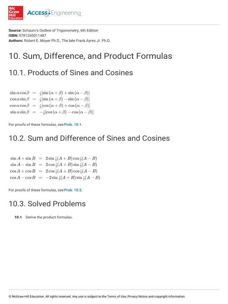 Sum Difference and Product Formulas | PDF | Trigonometric Functions ...