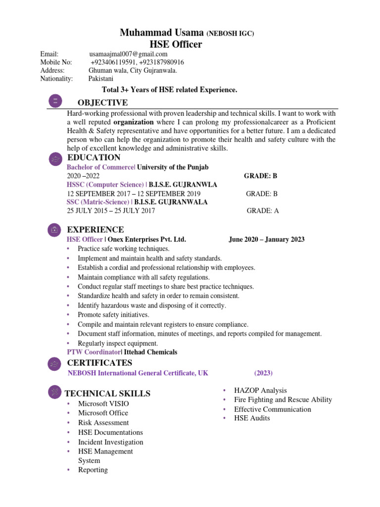 Usama Hse CV | PDF | Occupational Safety And Health | Safety