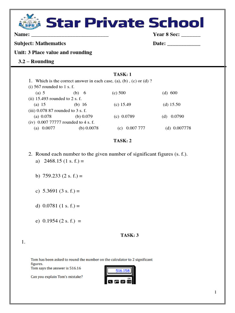 Year 8-Worksheet 3.2 - Rounding-1 | PDF | Numbers | Significant Figures