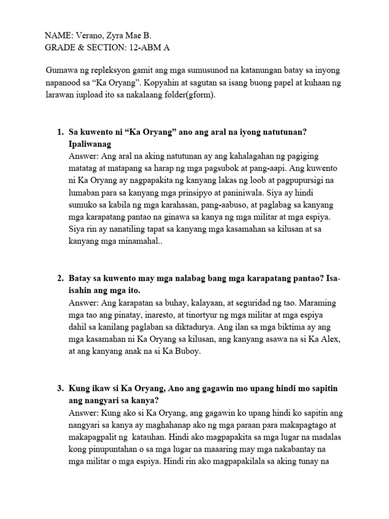 Ka Oryang - Repleksyon | PDF