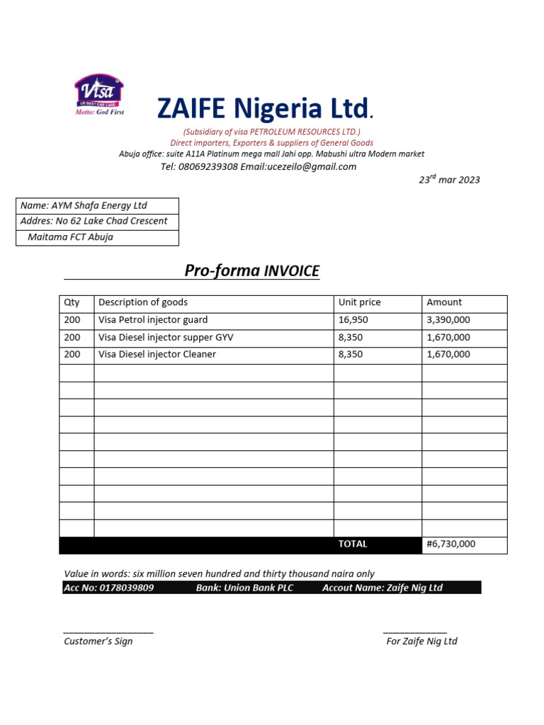 Ay Shafa Proforma Invoice | PDF | Finance & Money Management ...