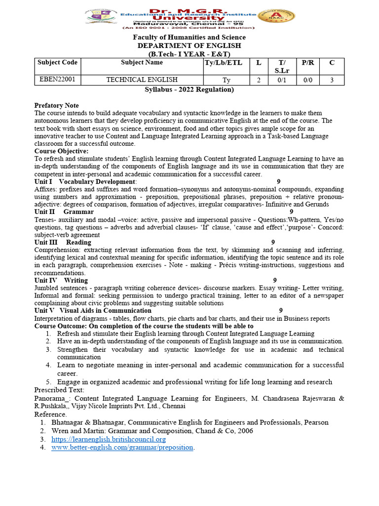 B.Tech 1st Year English Syllabus | PDF | English Language | Preposition ...