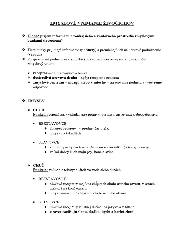 Biológia - Zmyslové Vnímanie Živočíchov | PDF