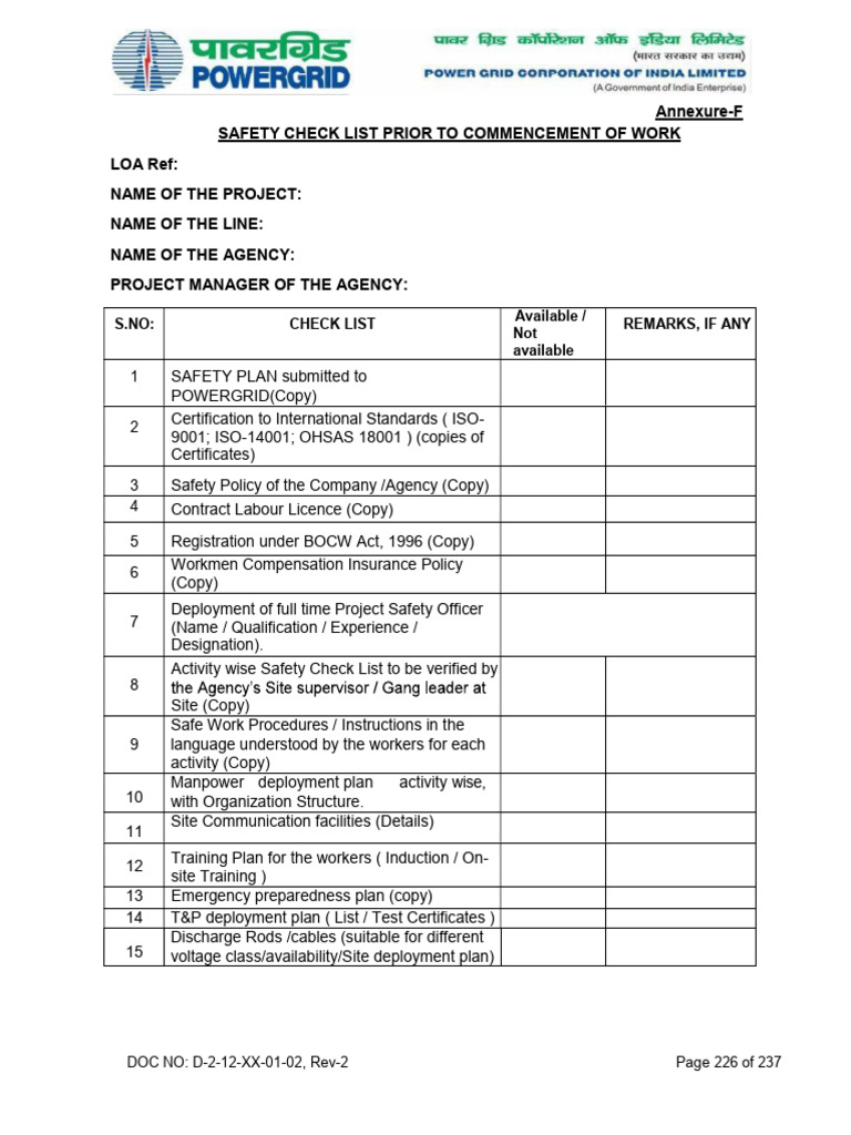 TL - Powergrid Safety Checklist - Rev-2 | PDF | Manufactured Goods
