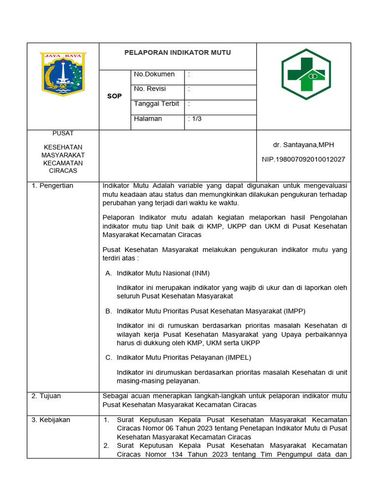 Sop Pelaporan Indikator Mutu 2023 | PDF