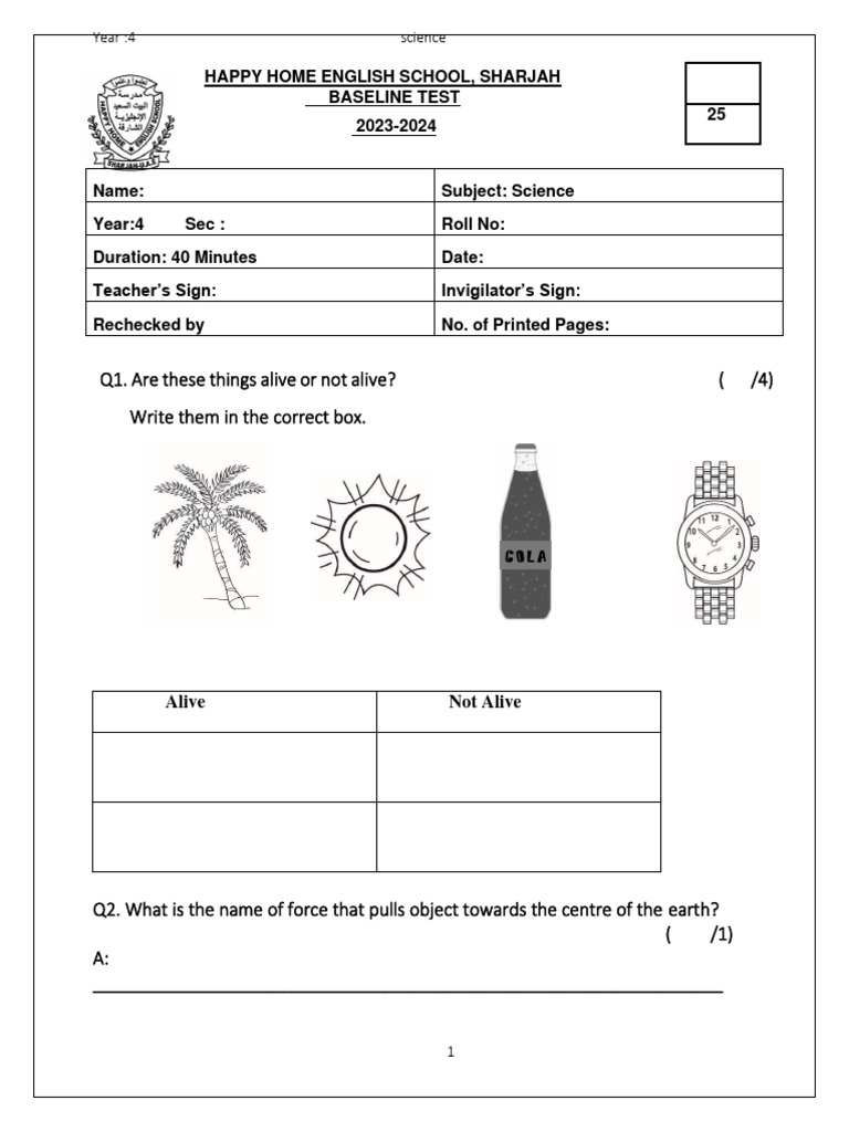 Grade 4 Science Baseline Test 2023-2024 | PDF