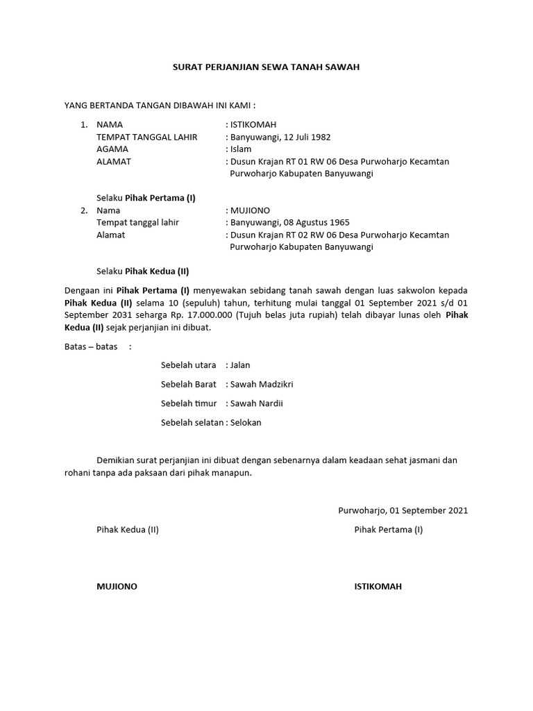 Surat Perjanjian Sewa Tanah Sawah | PDF Surat Perjanjian Sewa Tanah Sawah | PDF