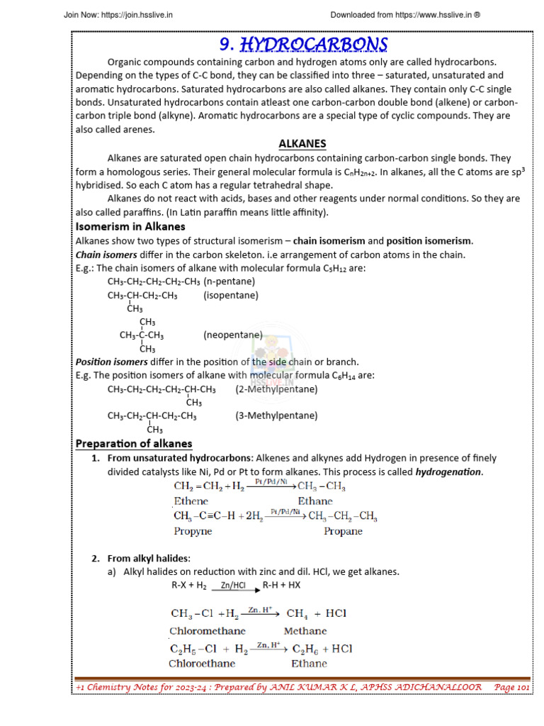 Hsslive XI CH 9 Chemistry Notes by Ak | PDF | Alkene | Conformational Isomerism