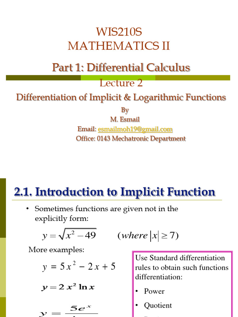 Lecture 2_ Differentiation_Implicit _ Logarithmic | PDF | Function (Mathematics) | Elementary ...