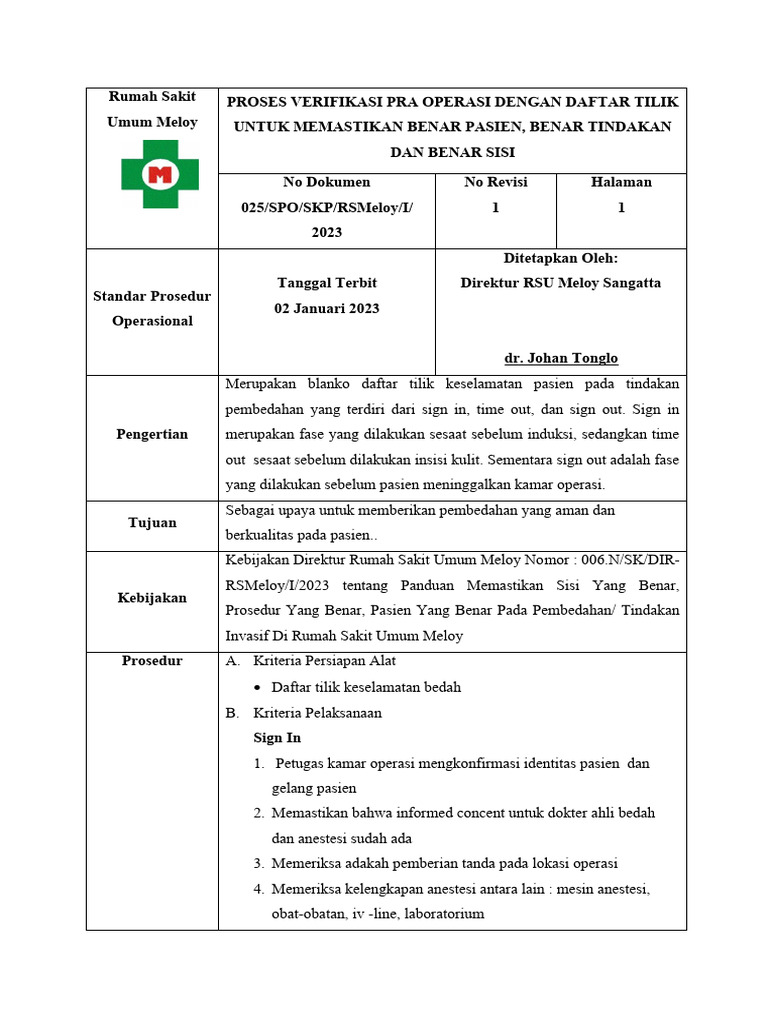 Sop Verifikasi Pra Operasi Dengan Daftar Tilik | PDF