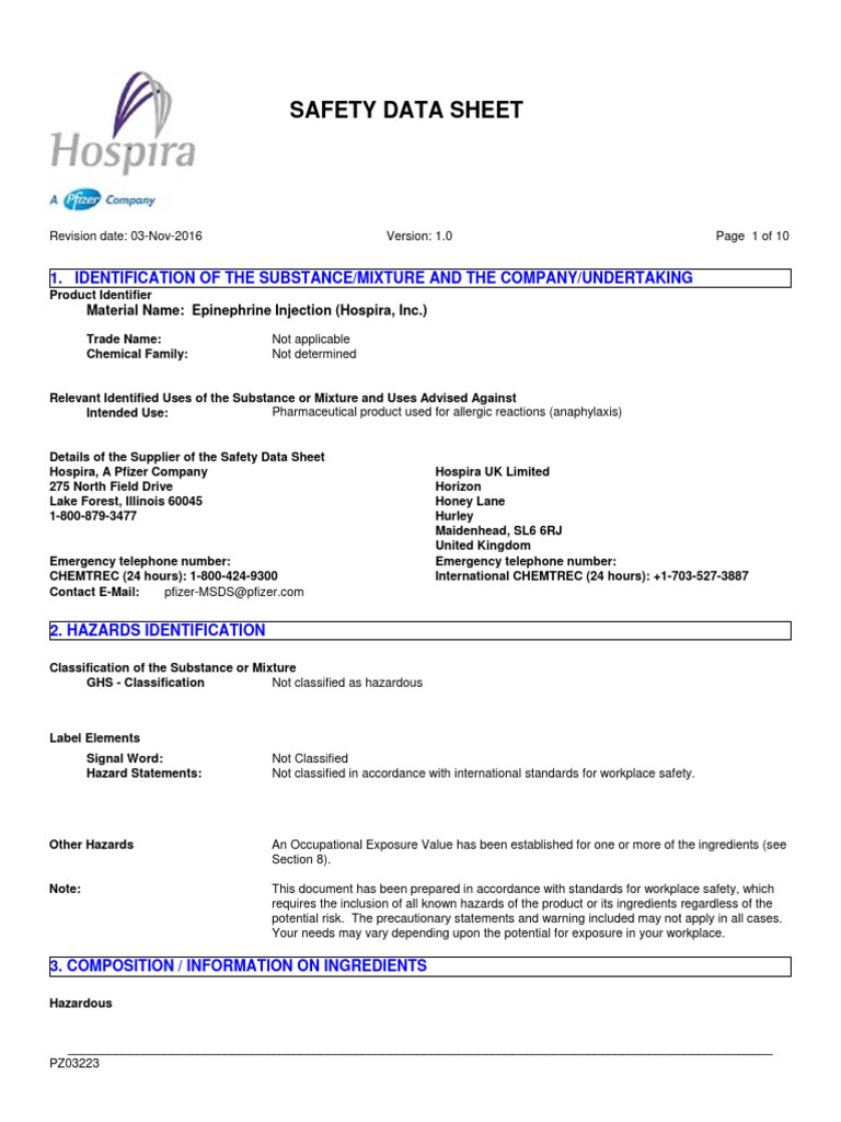Epinephrine Injection (Hospira) 3-Noc-2016 0 | PDF | Workplace ...