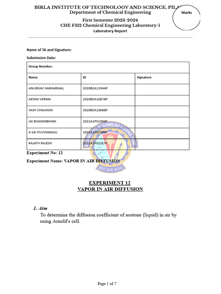 Exp 12 Vapor in Air Diffusion | PDF | Diffusion | Temperature