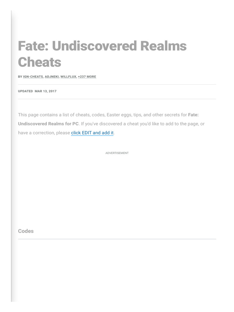 Fate: Undiscovered Realms Cheats | PDF