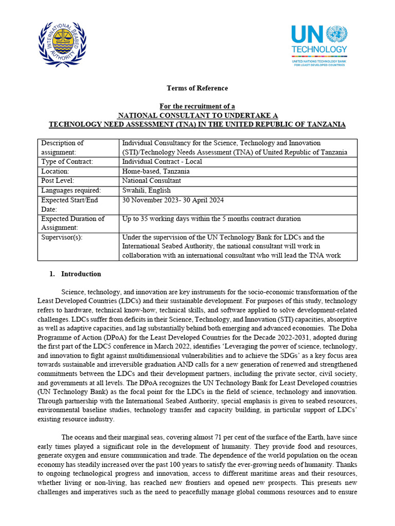Tanzania - TNA-National Consultancy TOR Final | PDF | Sustainability | United Nations Convention ...