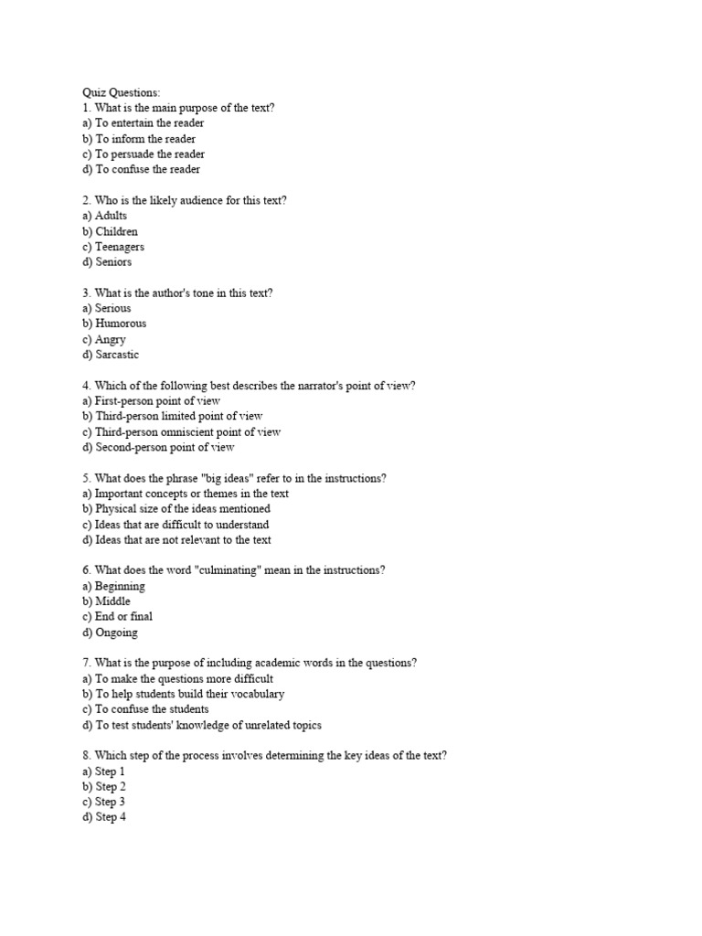 Quiz Questions | PDF | Narration | Reading Comprehension