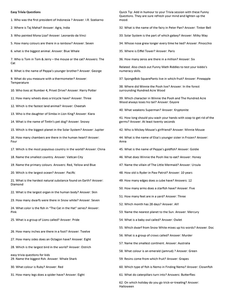 Easy Trivia Questions for Kids | PDF | Planets | Solar System