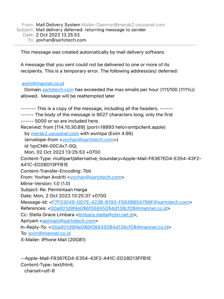 Mail Delivery Deferred Returning Message To Sender | PDF | Email | Internet Standards