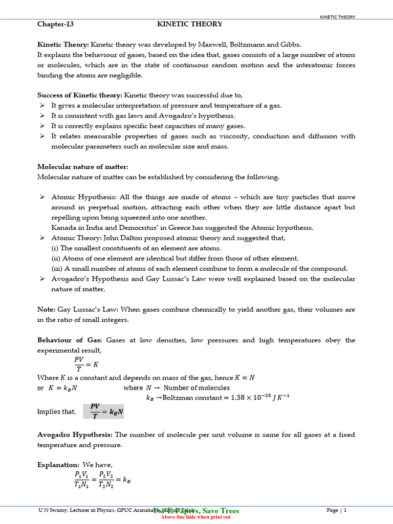 1st Puc Physics Chapter13-Kinetic Theory Notes by U N Swamy | PDF ...