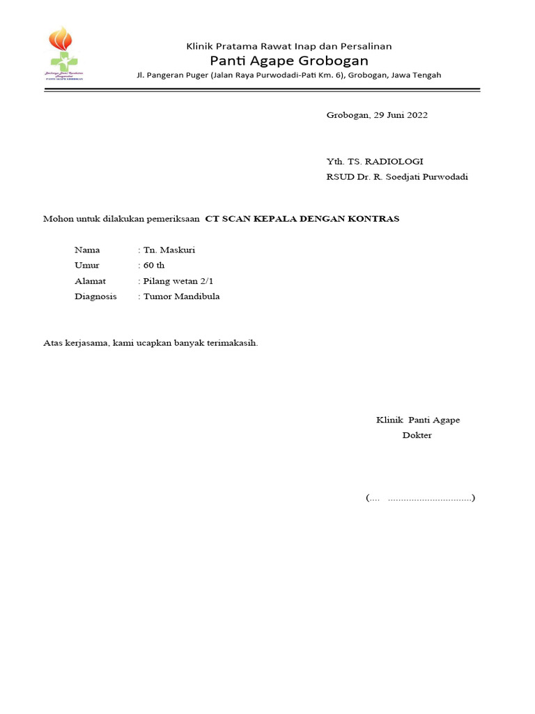 Surat Pengantar CT Scan dari Klinik Agape | PDF