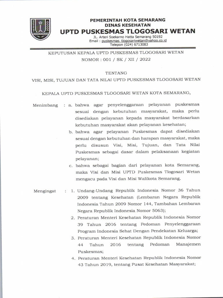 001 SK Visi Misi Tujuan Dan Tata Nilai | PDF