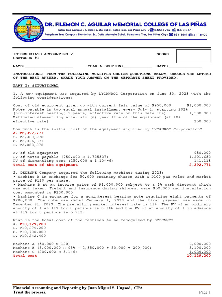 Seatwork 1 IAC2 | PDF | Depreciation | Cost