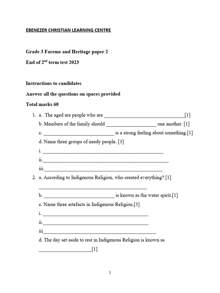 GRADE 3 FAREME AND HERITAGE TEST END OF TERM 2 YEAR 2023 | PDF ...