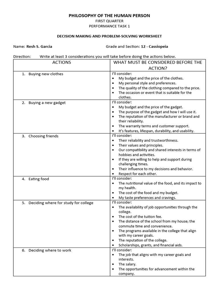 Decision Making and Problem Solving Worksheet | PDF | Goal | Happiness
