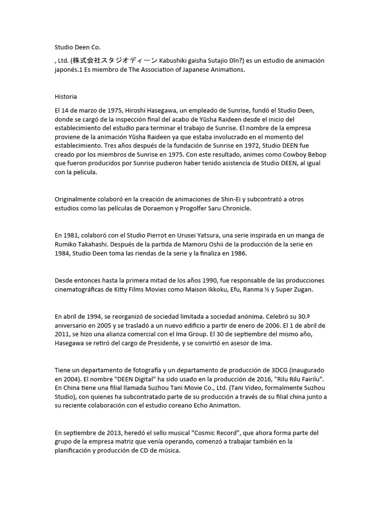 Historia y Obras de Studio Deen | PDF | Industria del anime | Compañías ...