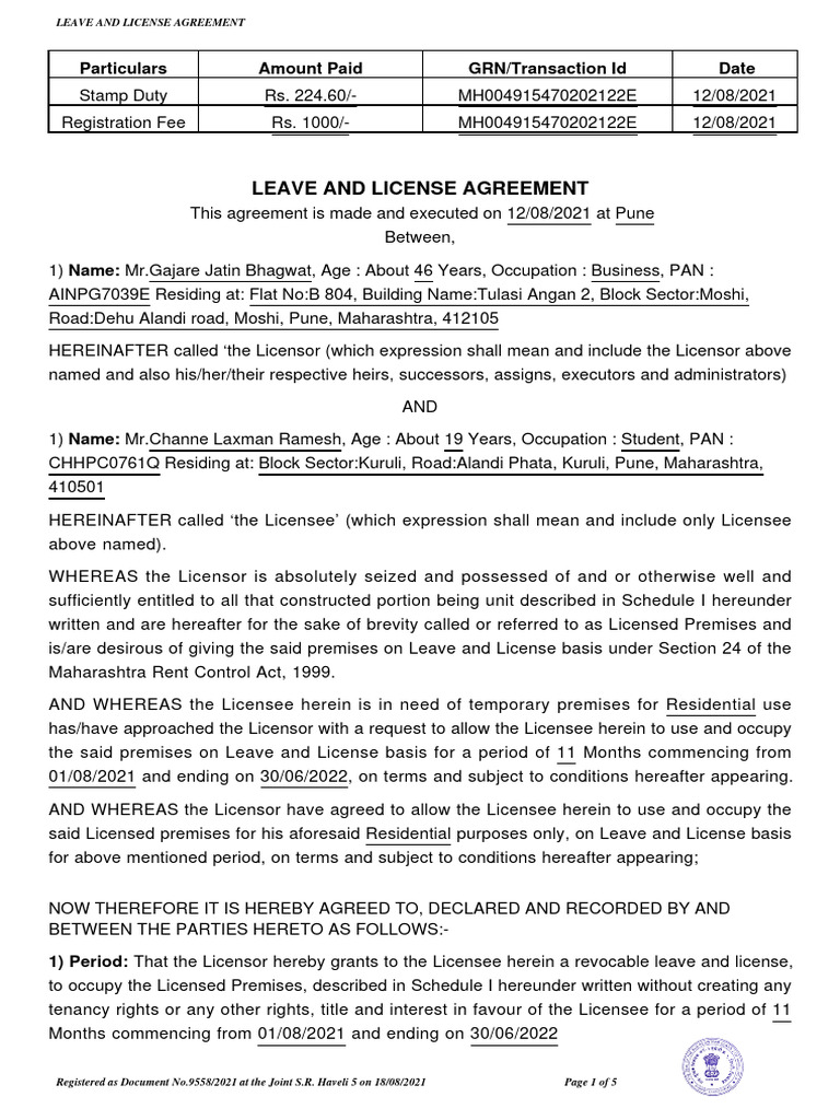 Leave and License Agreement: Particulars Amount Paid GRN/Transaction Id ...