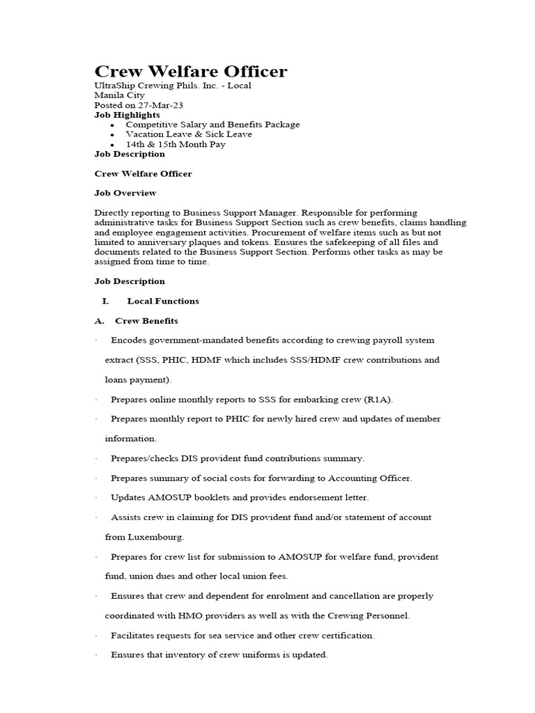 Crew Welfare Officer - Ultraship | PDF | Welfare | Business