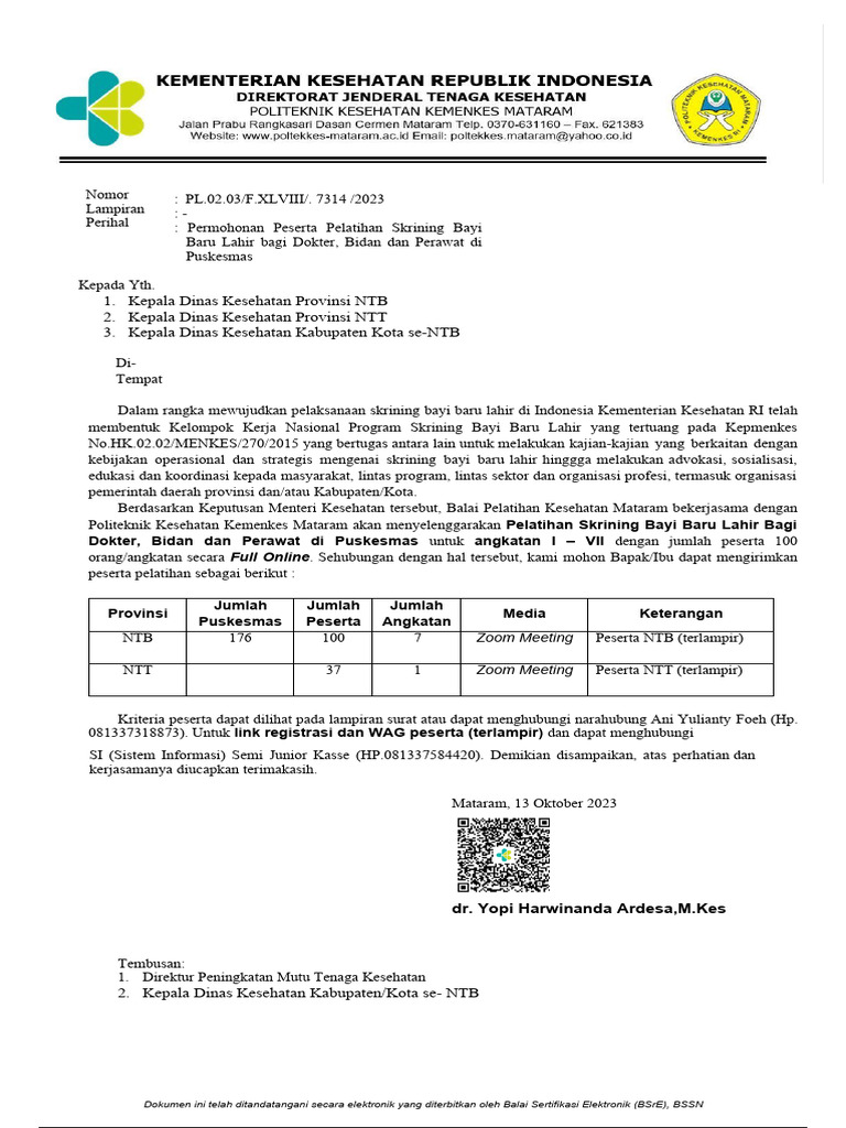 Surat Pemanggilan Peserta Pelatihan Screening BBL - 4 | PDF