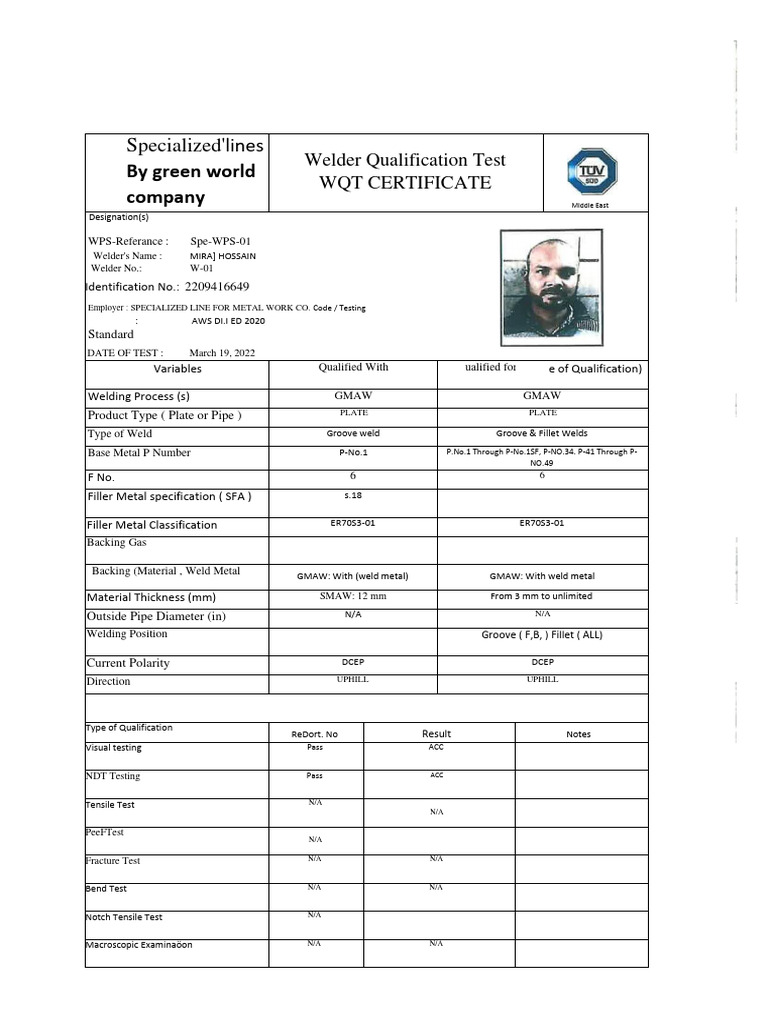 Welder Qualification Test Certificates | PDF | Construction | Welding