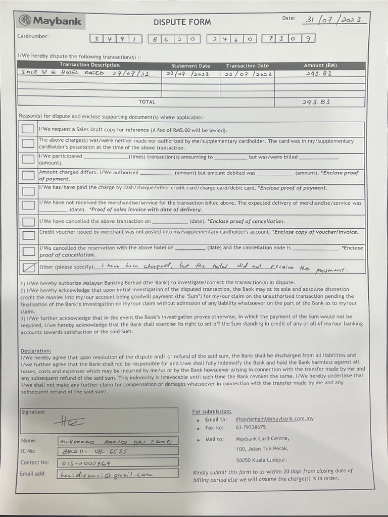 Maybank Dispute Form | PDF