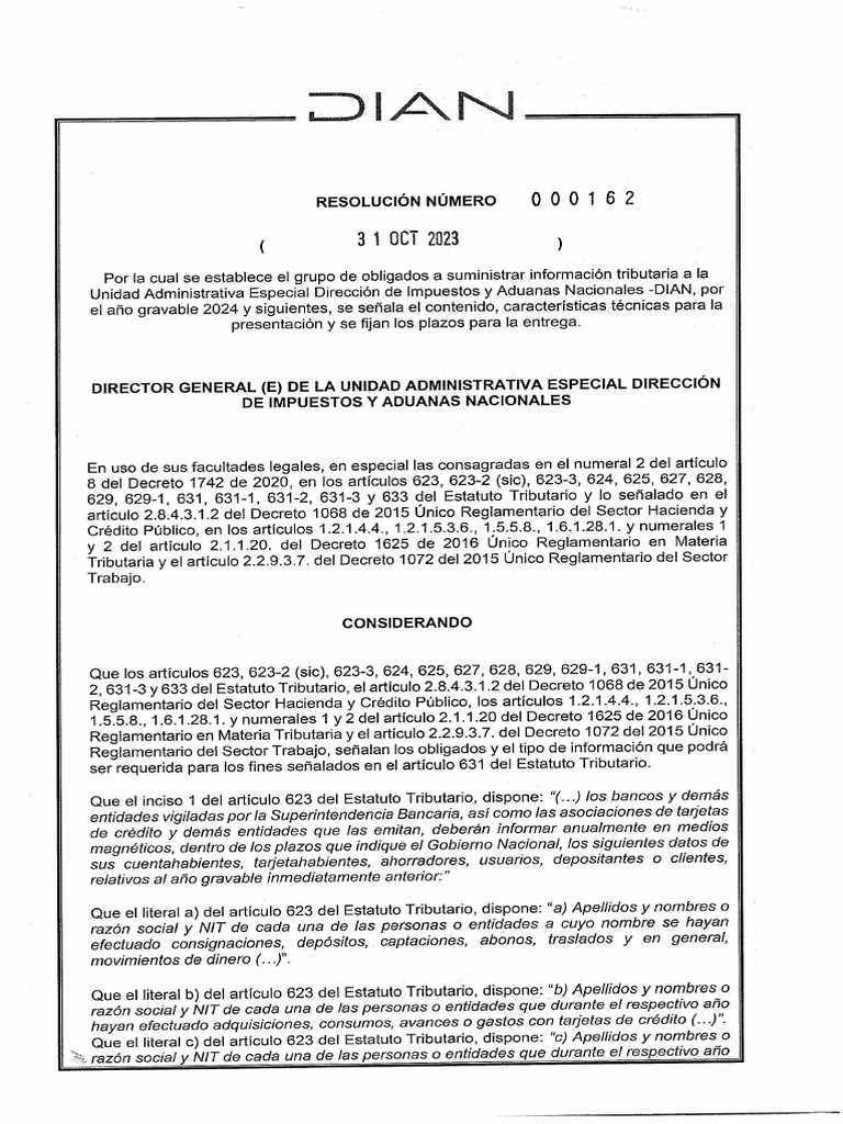 Resolución 000162 de 31-10-2023 | PDF | Xml | Entero