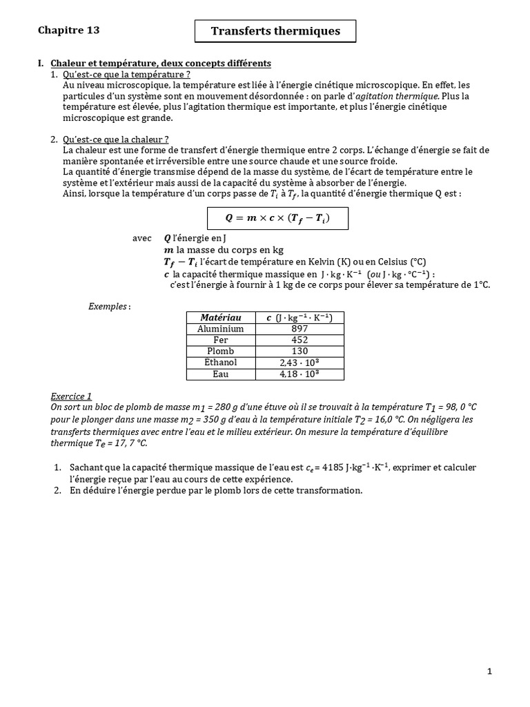 Chap. 13-Transferts Thermiques | PDF | Transfert thermique | Température