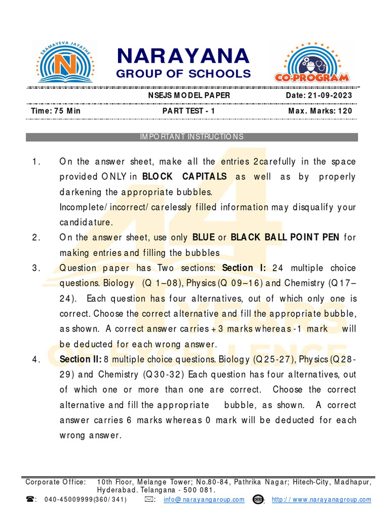 NSEJS (IOQJS) - PART TEST-1 - QP - EXAM DT - 21-09-2023 | PDF ...