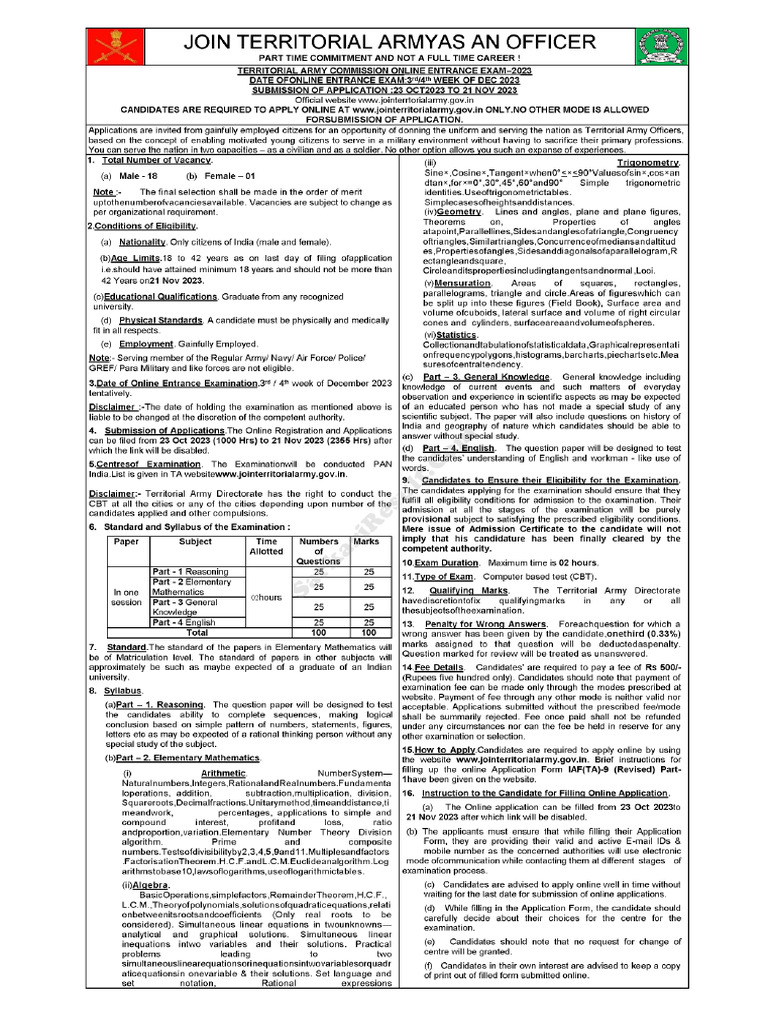 TERRITORIAL ARMY COMMISSION ONLINE ENTRANCE EXAM 2023 SarkariResult ...