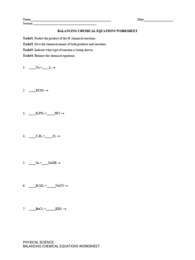 Balancing Chemical Equations Worksheet | PDF