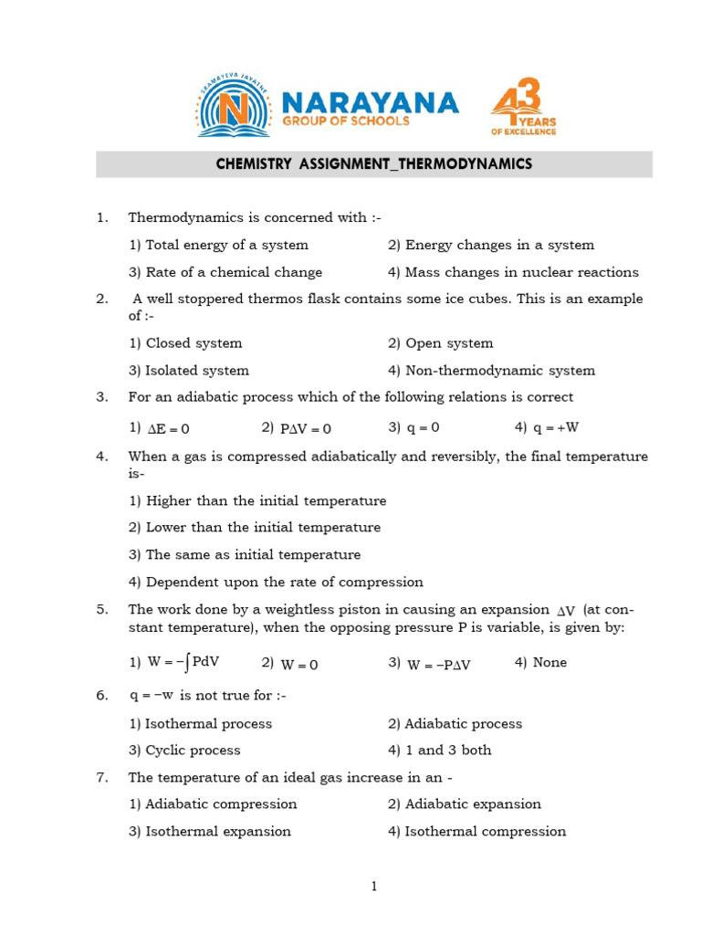 03 - 9TH Co-Iit - P-B - Chemistry - Thermodynamics Assignment | PDF | Thermodynamic Properties ...