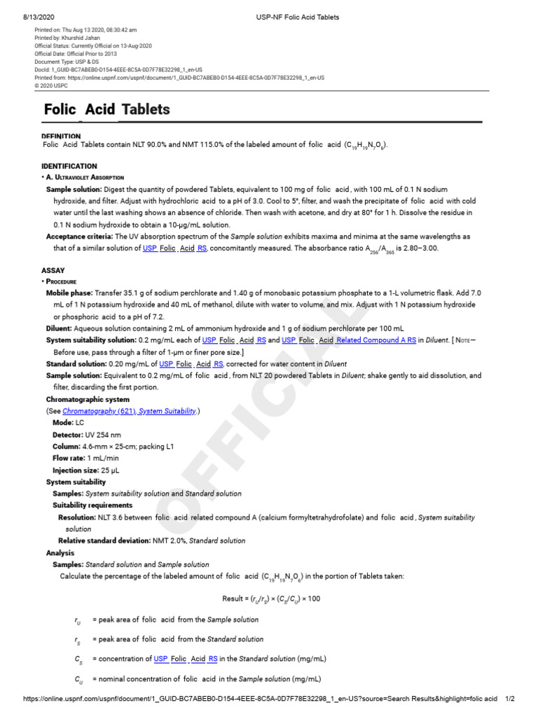 USP Folic Acid Tablets Monograph | PDF | Acid | Hydroxide