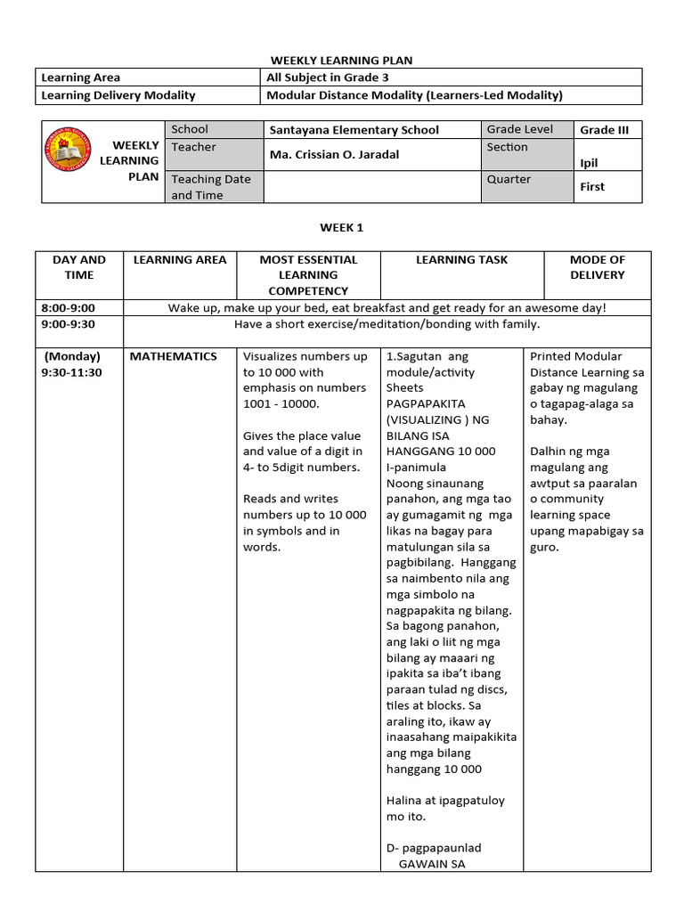 WHLP Whole Week 1 Grade 3 | PDF