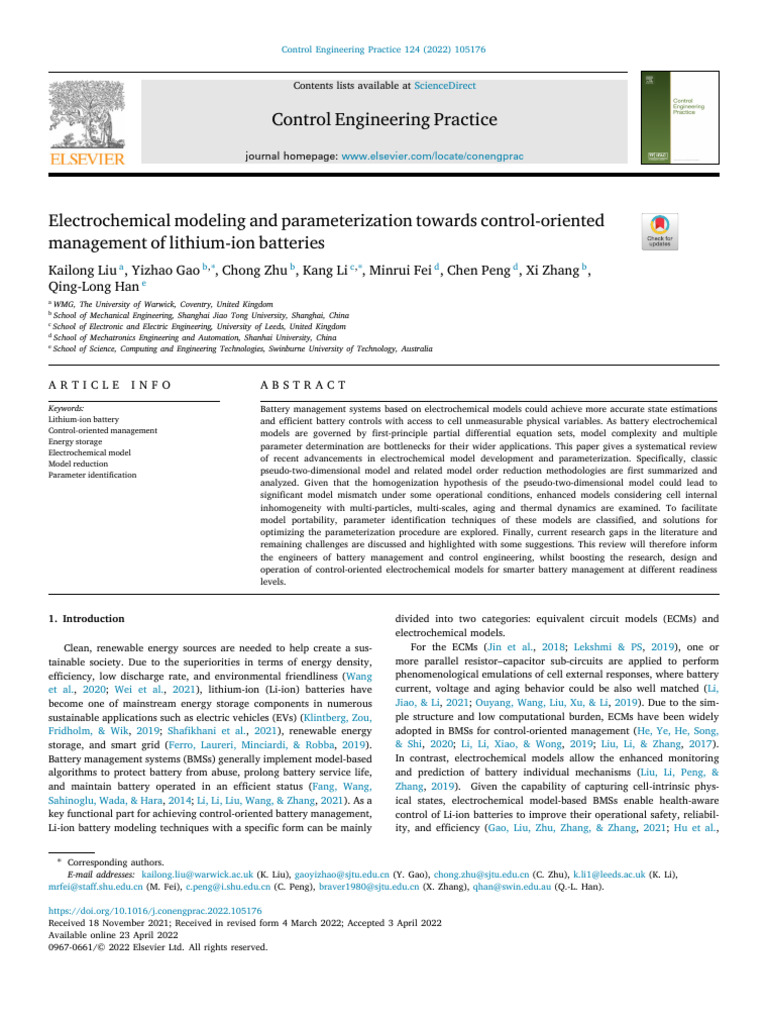 Electrochemical Modeling And Parameterization Towards Co 2022 Control Engine Pdf Partial
