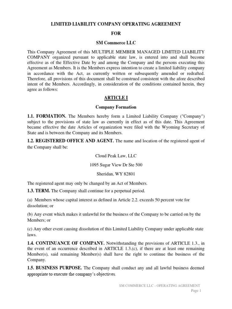 SM Commerce LLC - Operating Agreement | PDF | Limited Liability Company ...