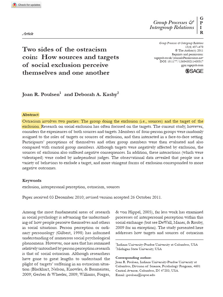 Two Sides of The Ostracism Coin... | PDF | Self Esteem | Cronbach's Alpha