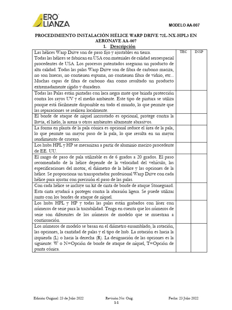 Procedimiento Instalacion Helice Warp Drive Modelo 72L-NX-HPL3 | PDF ...