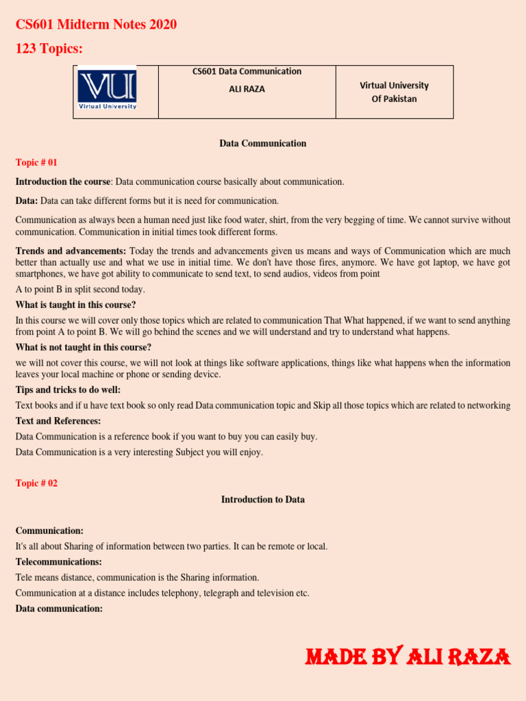 CS601 Midterm Notes 2020 | PDF | Osi Model | Computer Network