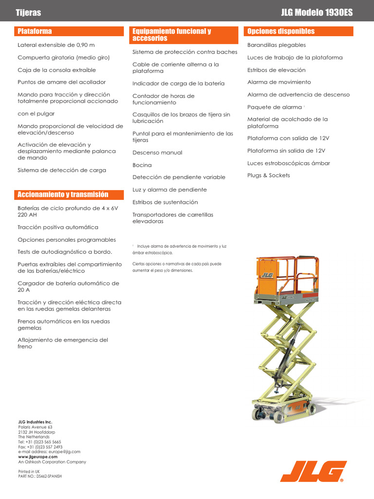 Ficha Técnica JLG 1930ES | PDF | Ingeniería mecánica | Máquinas